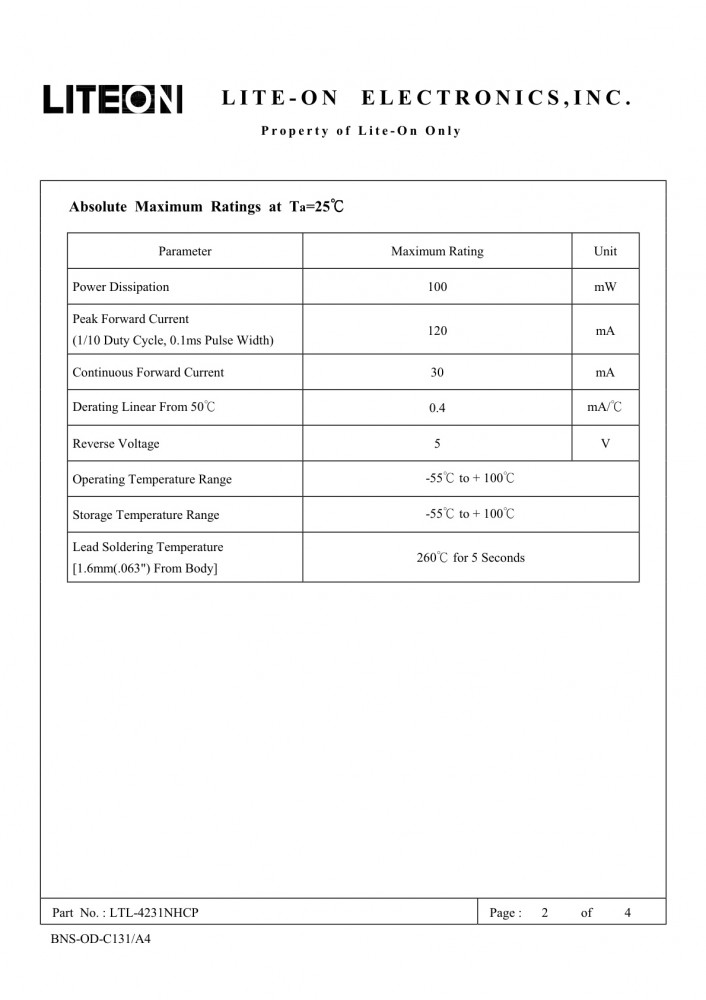 LTL-4231NHCP datasheet page 2