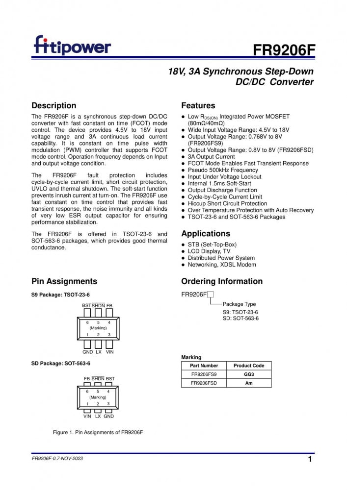 FR9206FS9 datasheet page 1
