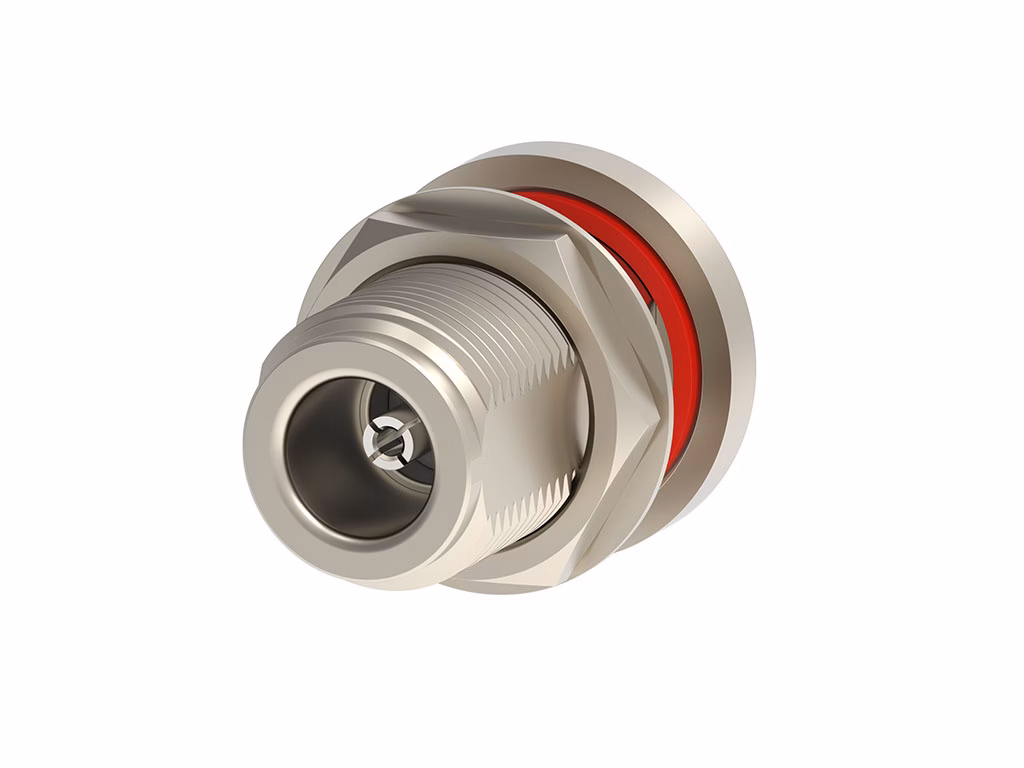 N Jack, Straight, Bulkhead, Crimp, RG-178, RG-196 Cable, Brass Body, Nickel (Ni) Plated, with Jam Nut and Lockwasher, IP68, Tray, 50 Ohms
