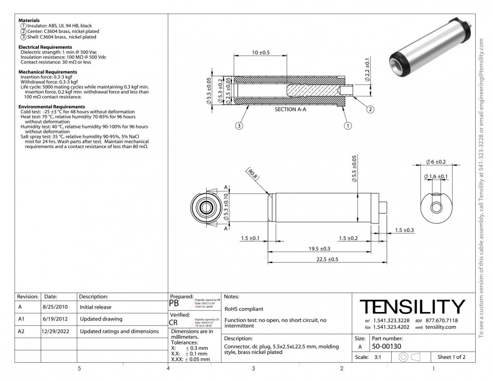 Tensility International 50-00130 product drawing, page 1