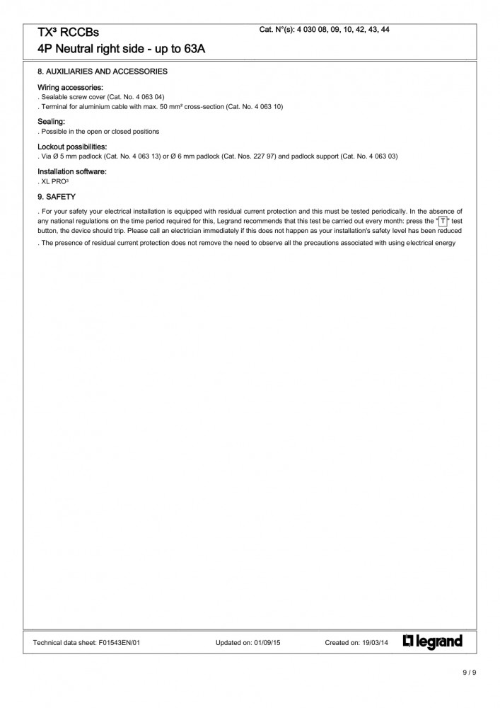Legrand TX³ RCCB technical document, page 9