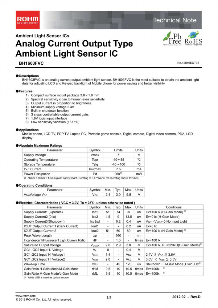 BH1603FVC datasheet page 1