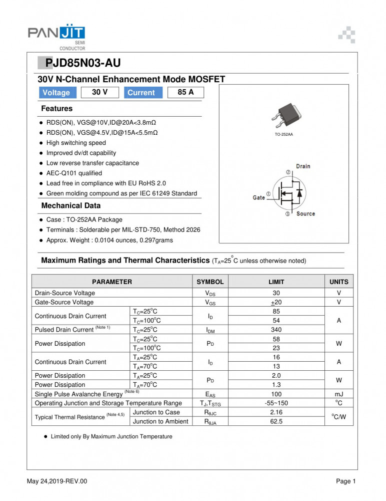 PJD85N03-AU datasheet page 1