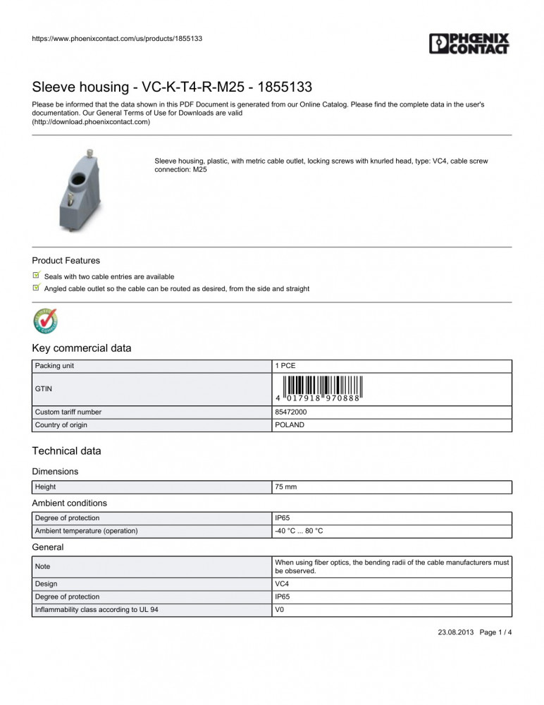Phoenix Contact 1855133 product catalog page