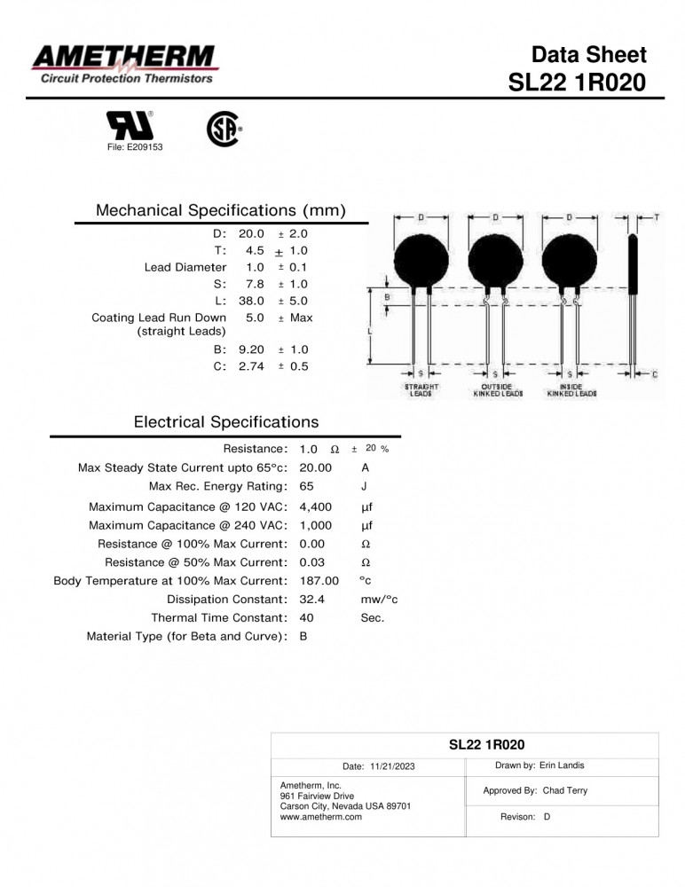 Ametherm SL22 1R020-B technical document preview