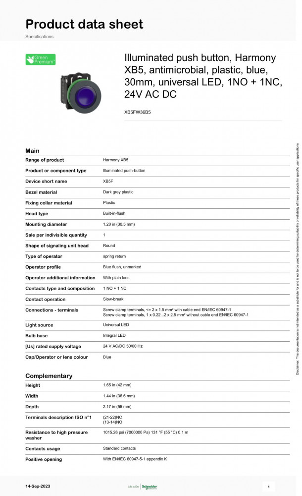 XB5FW36B5 technical document page 1