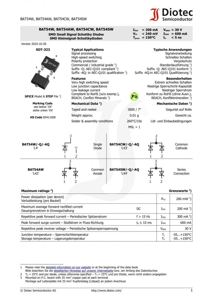 DIOTEC BAT54W datasheet page 1