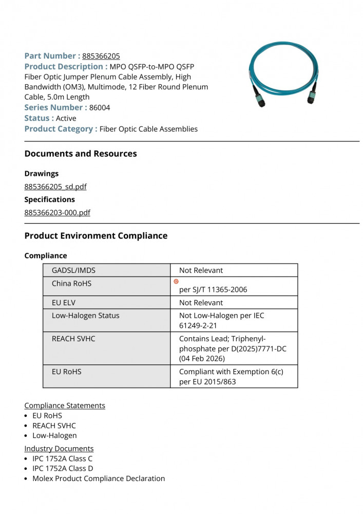 Technical document image for MOLEX 885366205, page 1