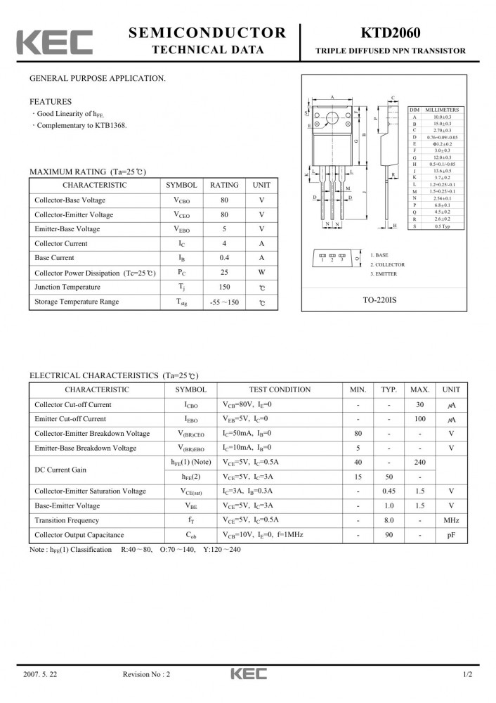KTD2060-Y-U/PF datasheet page 1