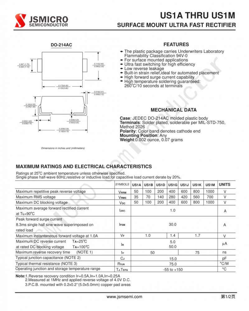 JSMSEMI US1M datasheet page 1