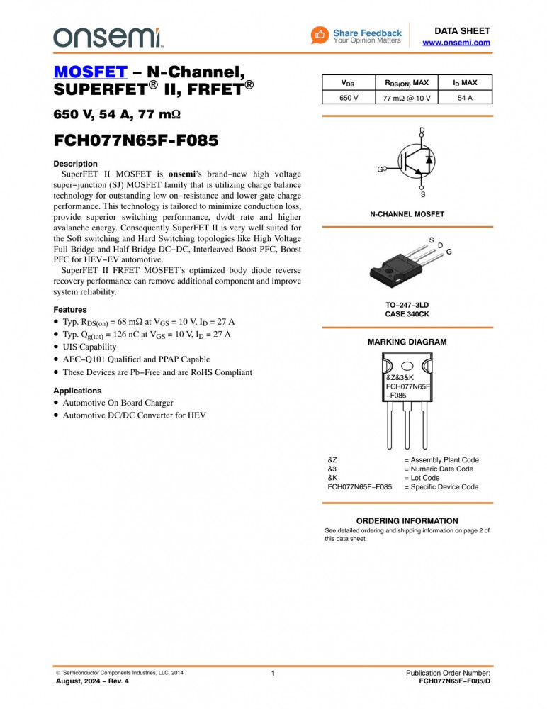 FCH077N65F-F085 datasheet page 1