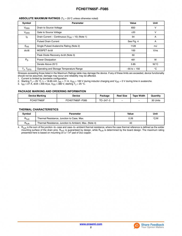 FCH077N65F-F085 datasheet page 2