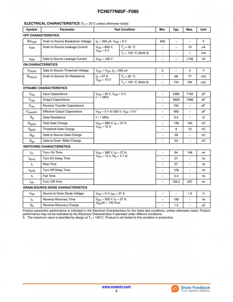 FCH077N65F-F085 datasheet page 3