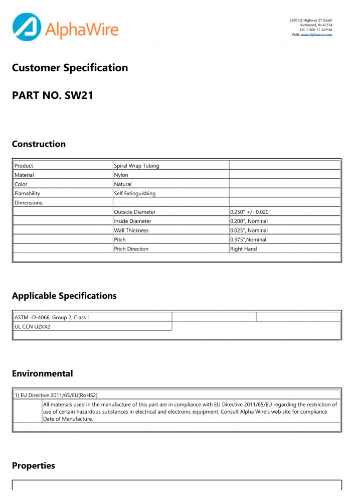 Alpha Wire SW21 technical document page 1
