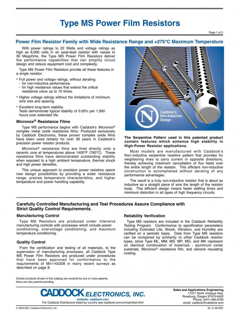 Caddock Type MS Power Film Resistor datasheet page 1