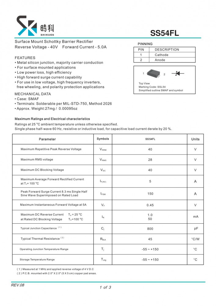 SS54FL datasheet page 1