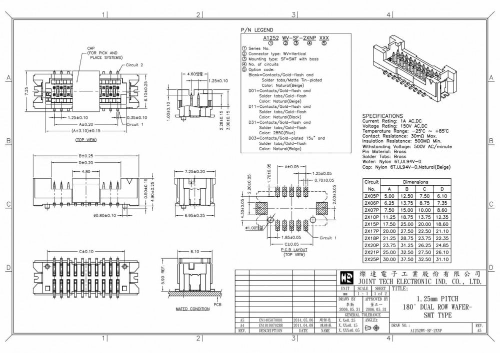 Joint Tech Elec A1252WV-SF-2X20PD01 technical drawing