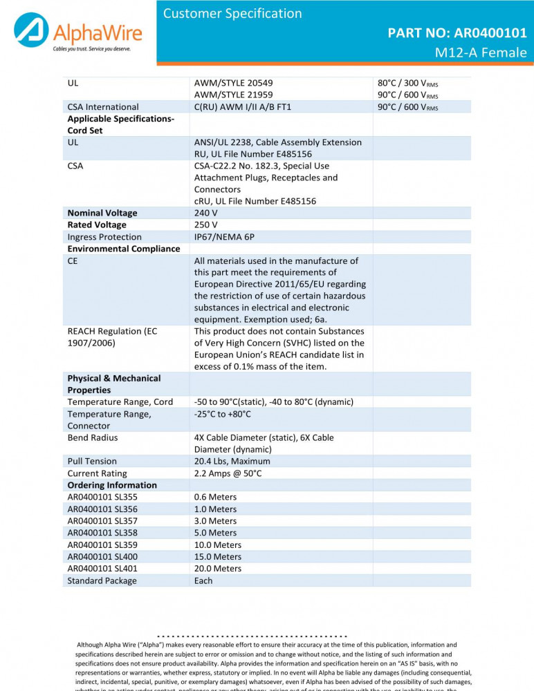 Alpha Wire AR0400101 SL401 technical data page 2