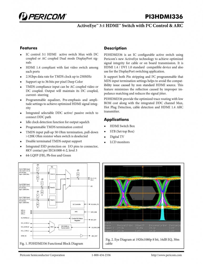 PI3HDMI336 technical document page 1