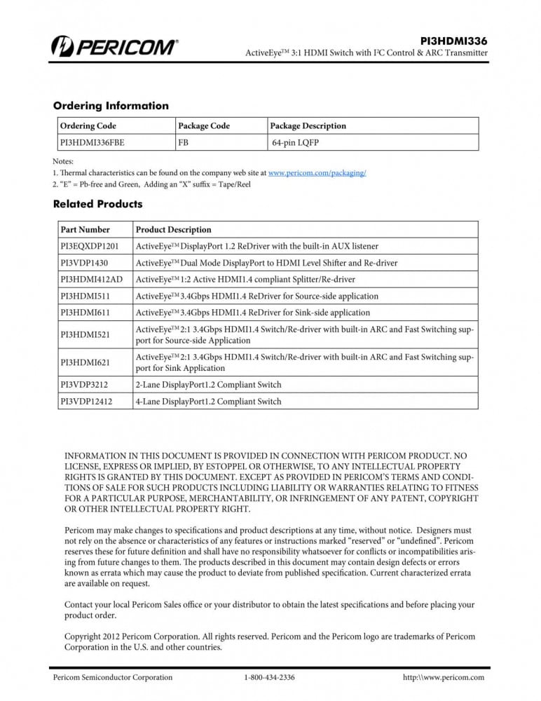PI3HDMI336 technical document page 2