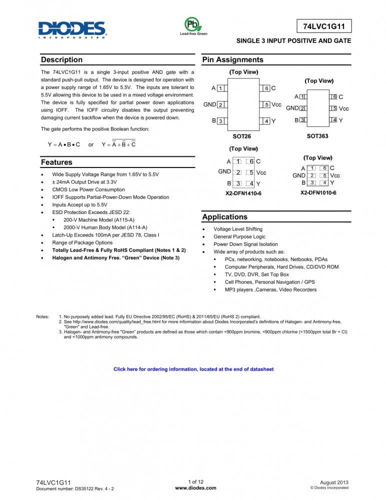 74LVC1G11DW-7 datasheet page 1