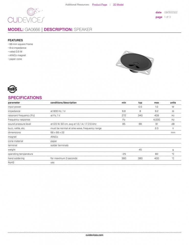 CUI GA0666 product document page 1