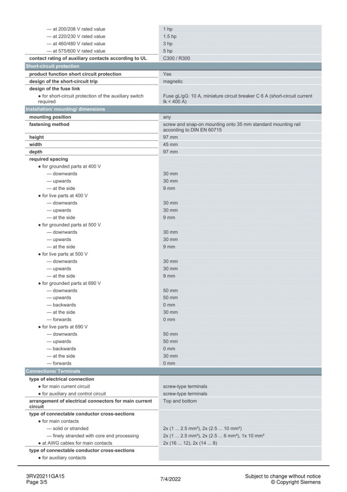 3RV20211GA15 datasheet page 3