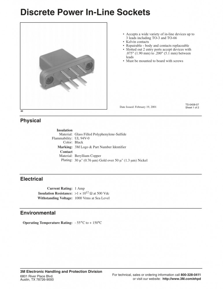 3M TS-0458 Discrete Power In-Line Sockets technical drawing page 1