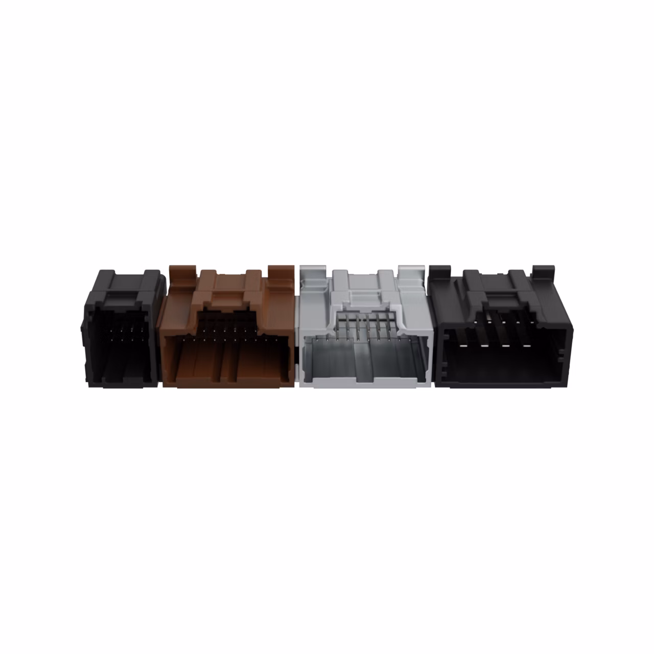 Stac64 4 Bay Right-Angle Headers, Plastic Pin-Alignment-Plate, 58 Circuits, Bay A 8 Circuit Signal Header, Polarization A, Black; Bay B 20  Circuit Signal Header, Polarization C, Brown; Bay C 20 Circuit Signal Header, Polarization B, Gray; Bay D 10 Circuit for sale