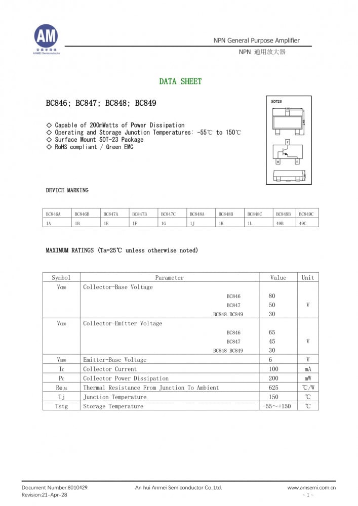 BC846A datasheet page 1