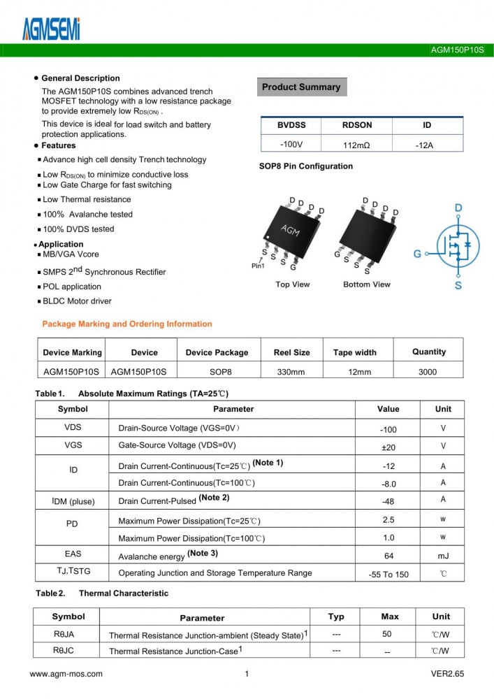 AGM150P10S product summary and features