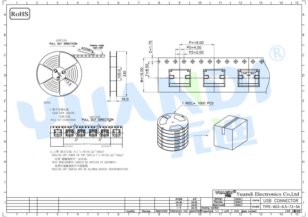 TYPE-603-6.5-T3-5A USB connector mechanical drawing