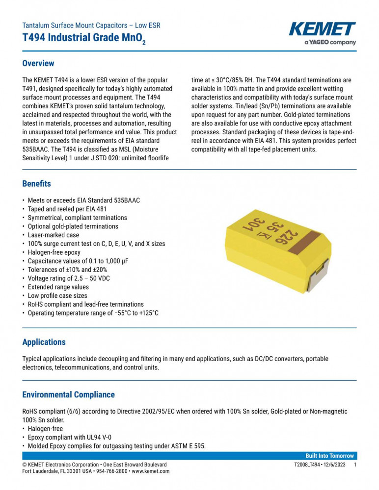 KEMET T494 datasheet page 1
