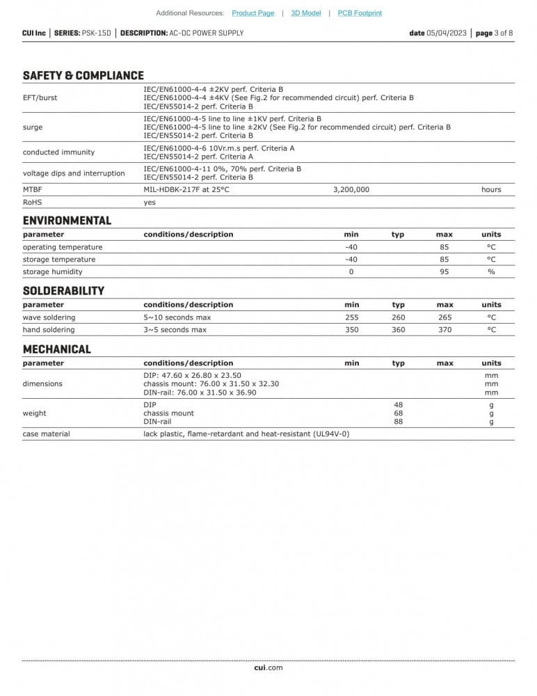 CUI PSK-15D datasheet page 3