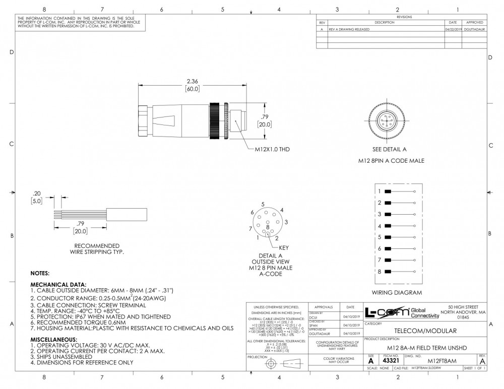 L-com M12FT8AM technical drawing