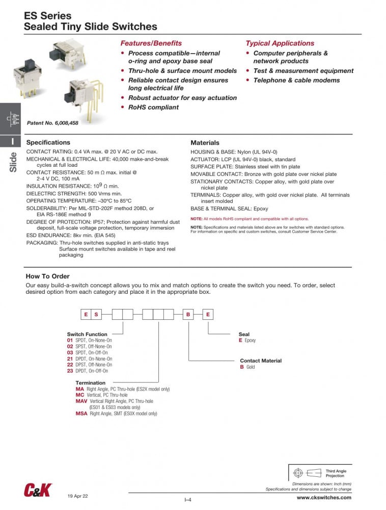 C&K ES Series datasheet page 1