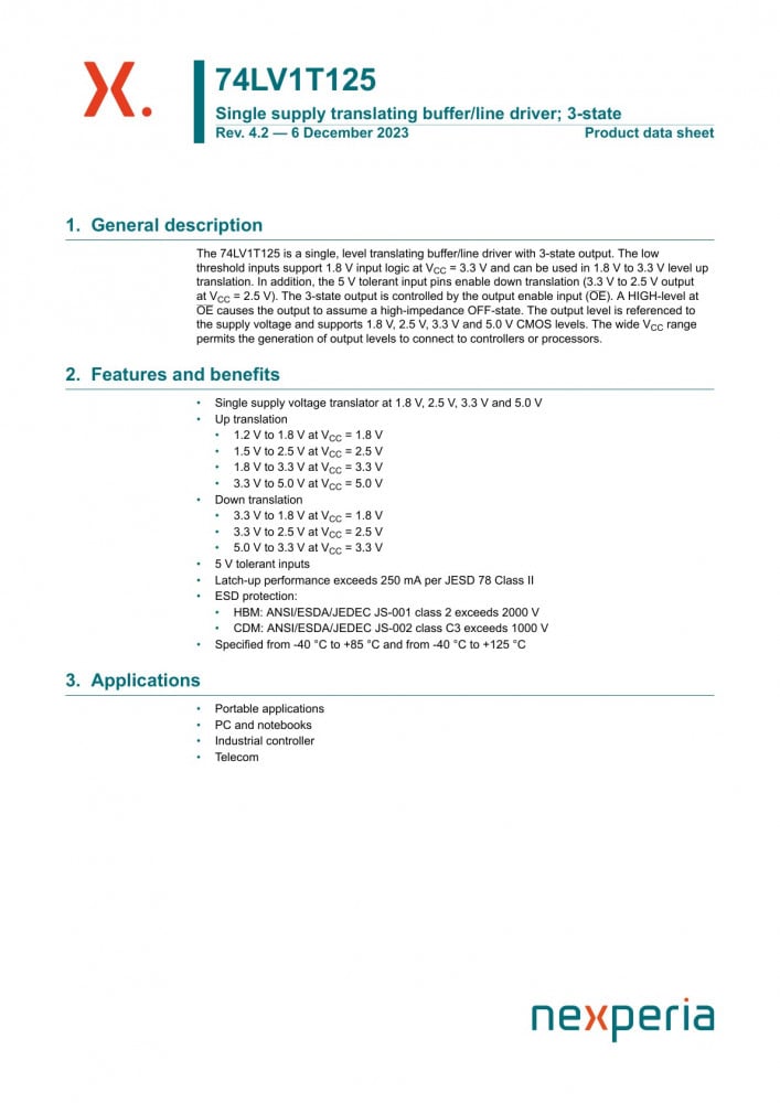 74LV1T125GWH datasheet page 1