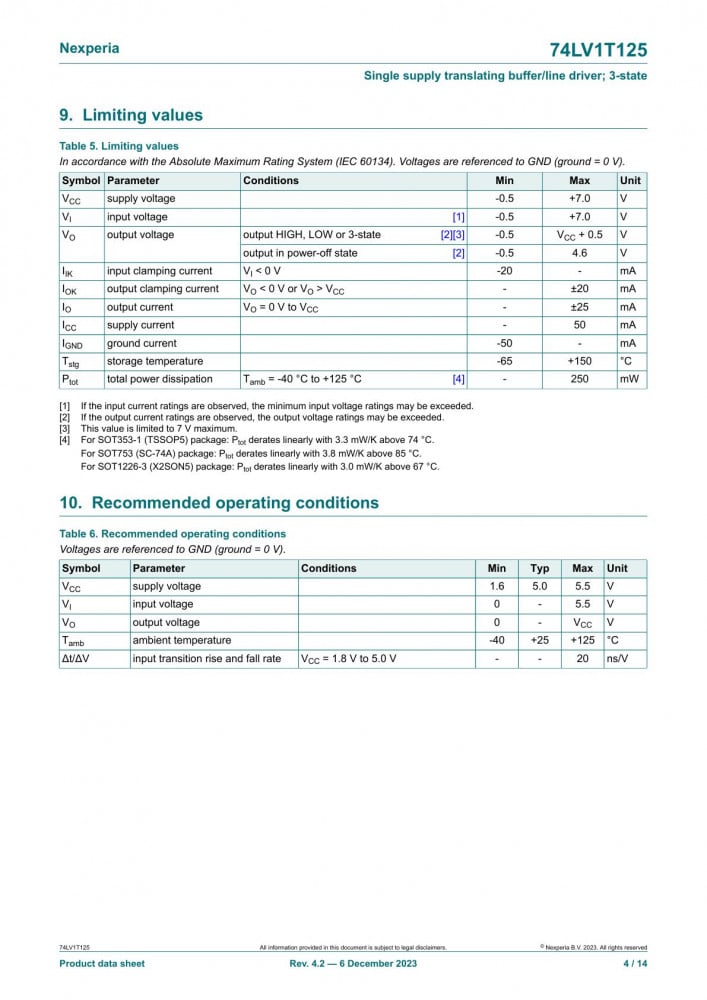 74LV1T125GWH datasheet page 4