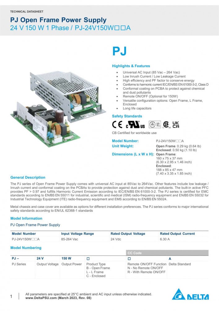 DELTA PJ series datasheet page 1