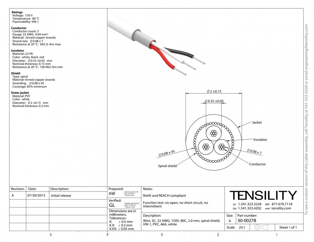 Tensility 30-00278 cable drawing and specification sheet