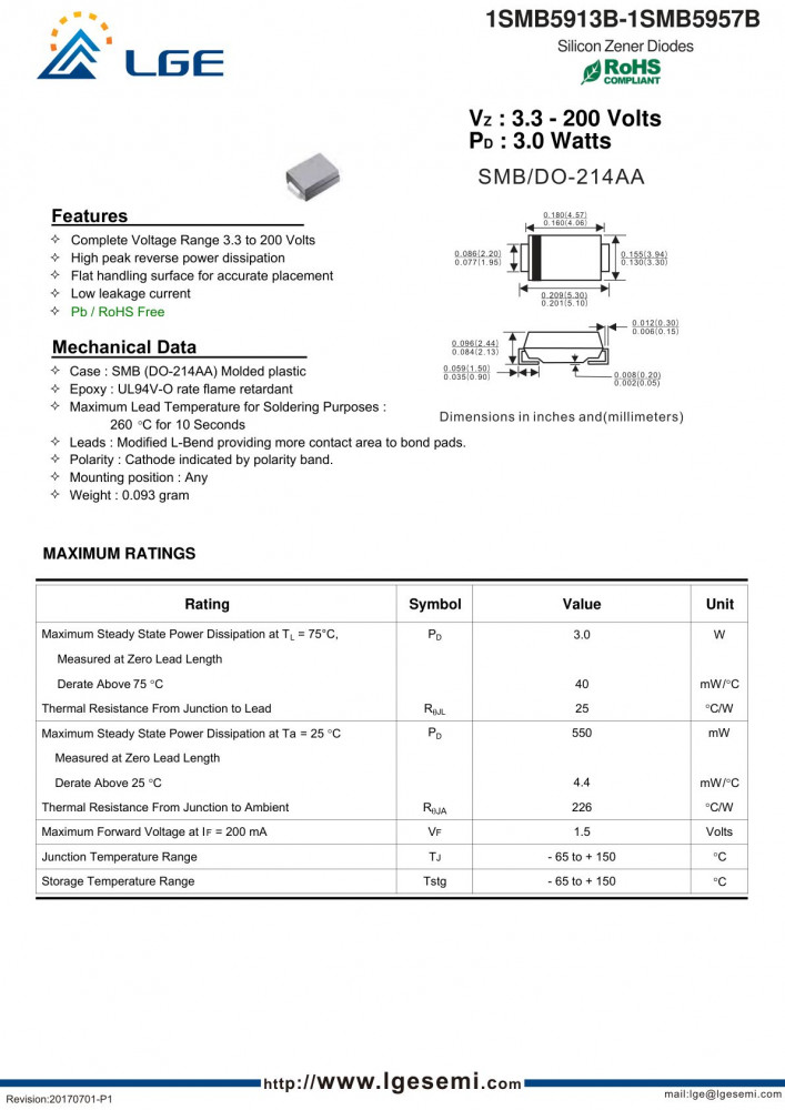 LGE 1SMB5923B datasheet page 1