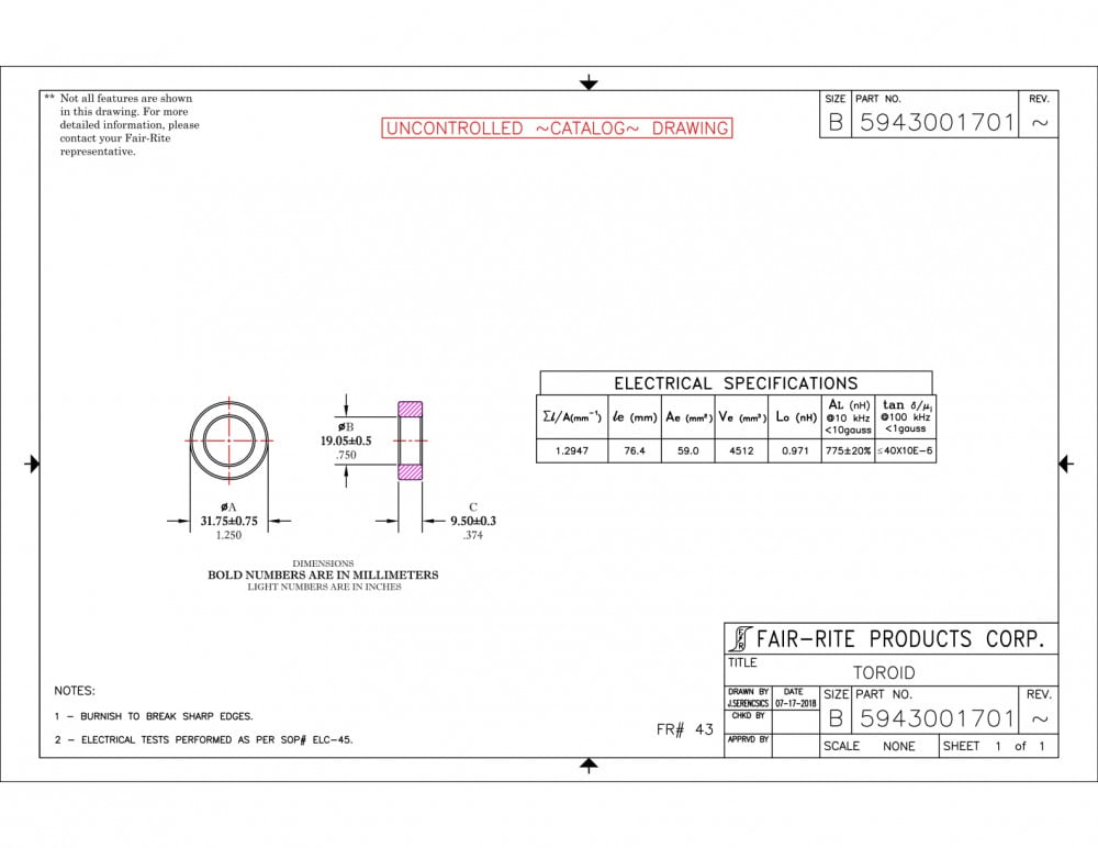 Fair-Rite 5943001701 catalog drawing
