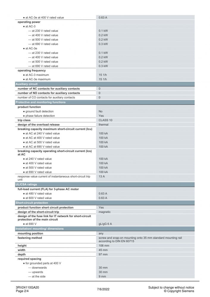 3RV24110GA20 datasheet page 2