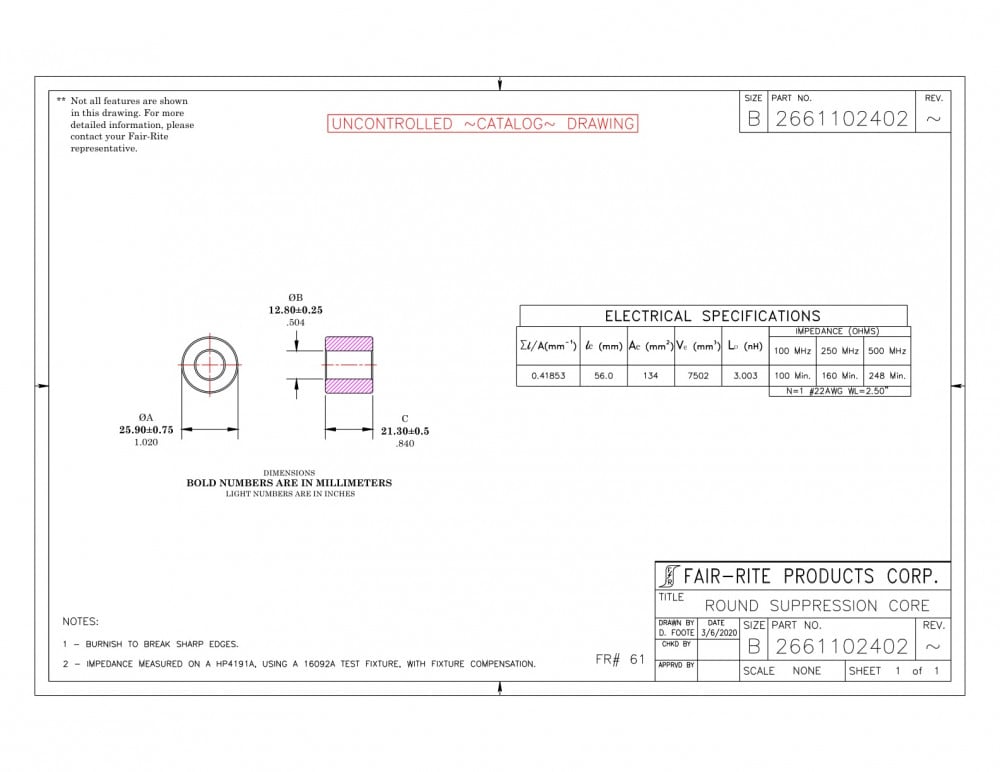 Fair-Rite 2661102402 technical specification document