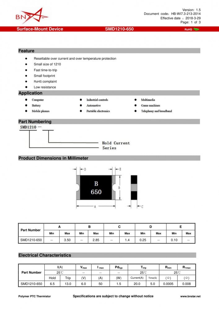 BNstar SMD1210-650-6V datasheet page 1