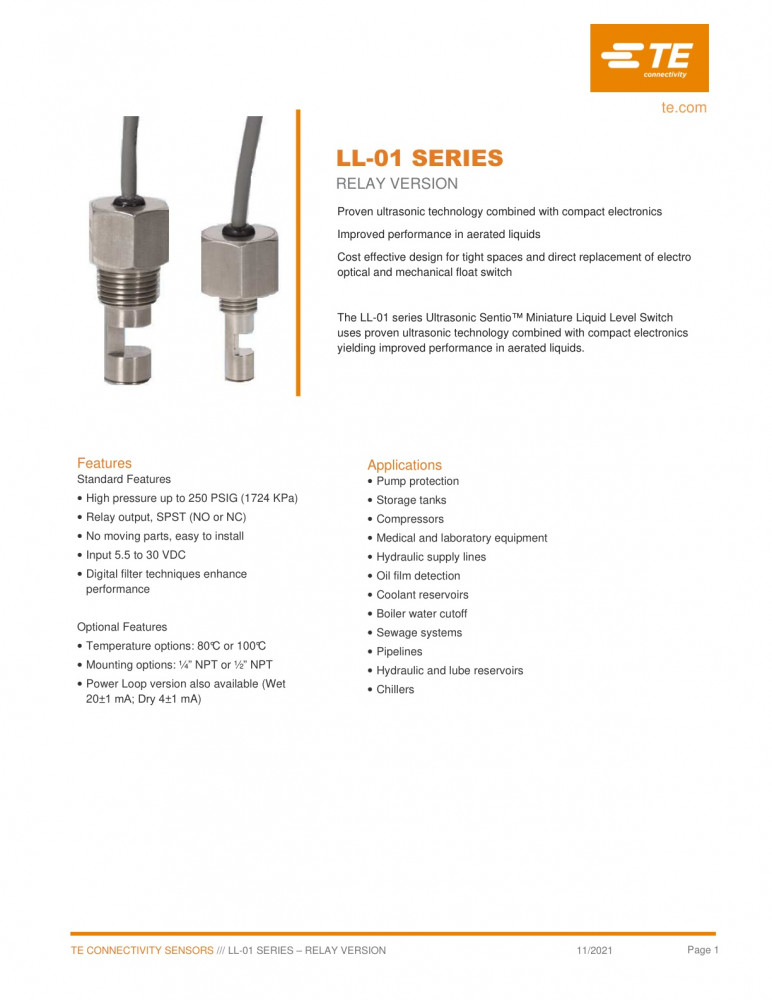 TE Connectivity LL-01 series document page 1