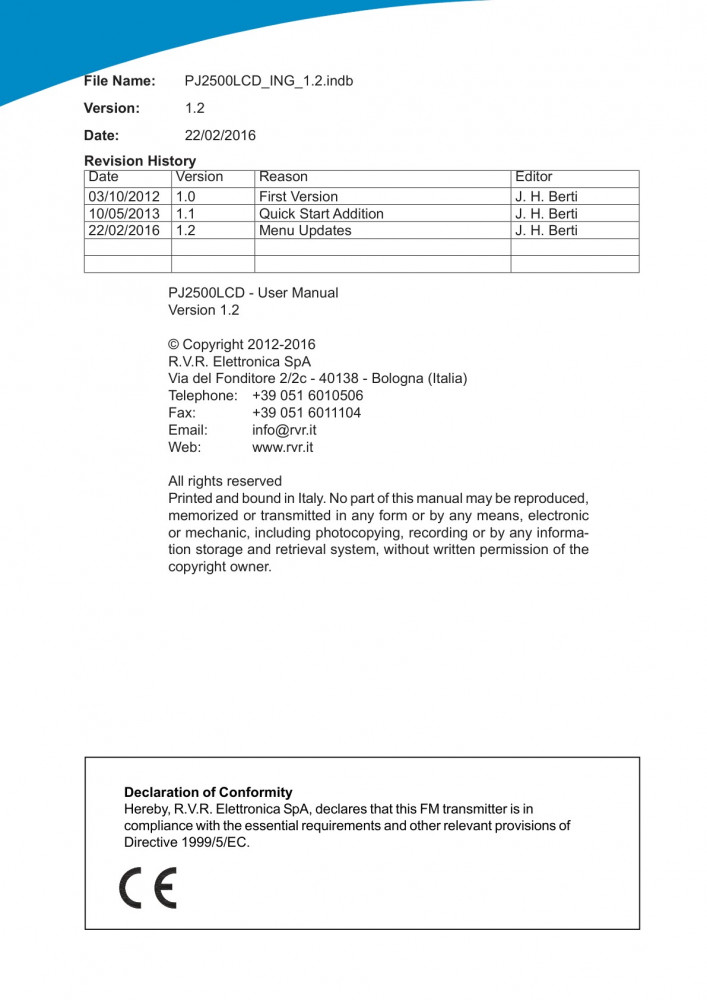 PJ2500LCD documentation page 2
