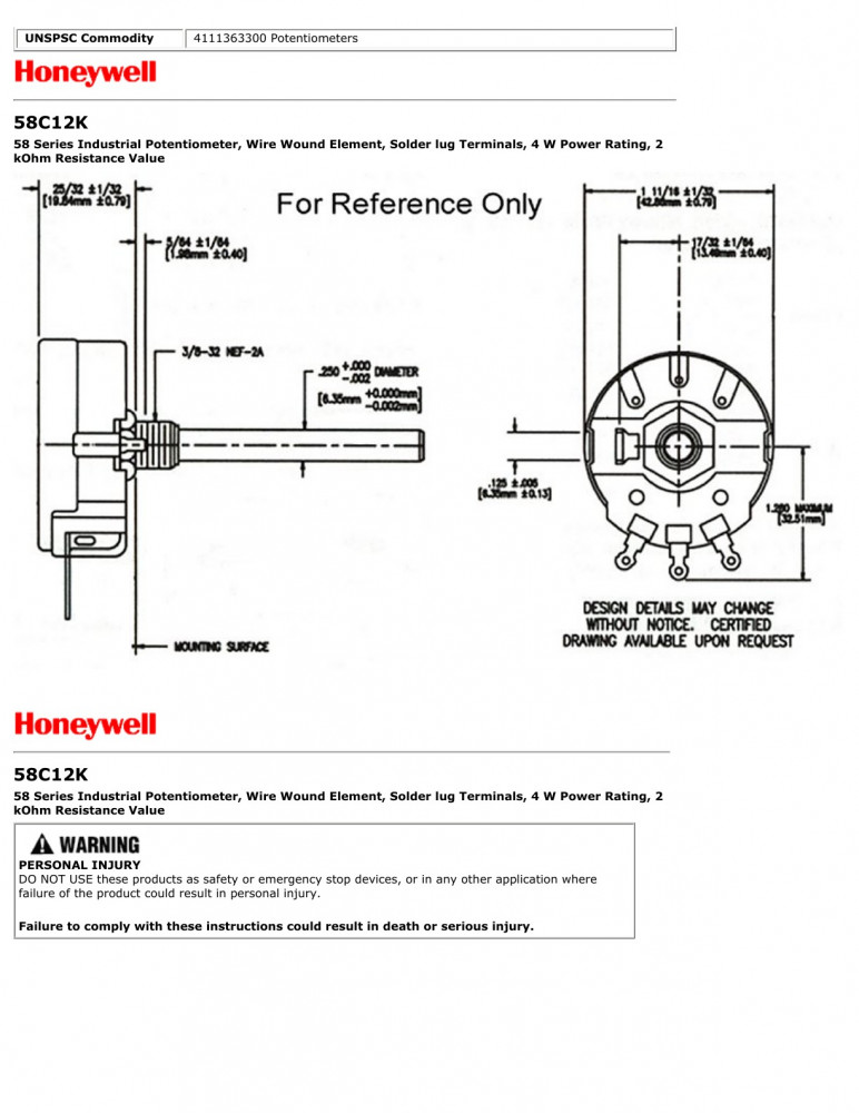 Honeywell 58C12K technical document page 2