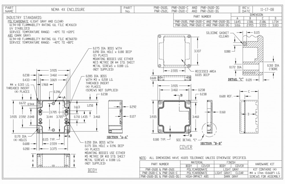 Bud Industries PNR-2600-C enclosure technical drawing
