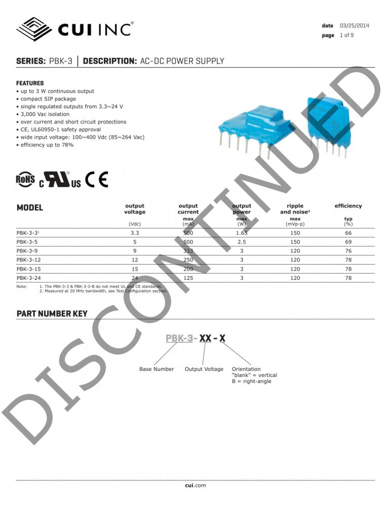 CUI PBK-3 series datasheet page 1